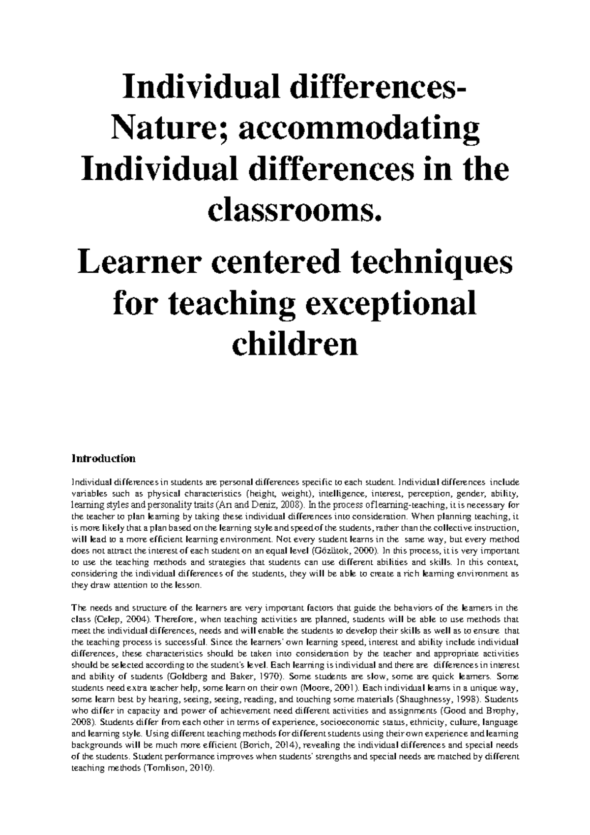 Assignment 2 - Individual differences- Nature; accommodating Individual ...