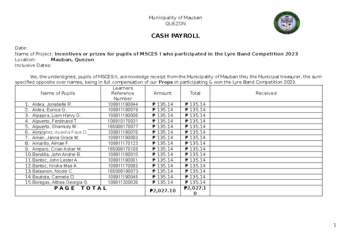 Props - self-made module - QUEZON CASH PAYROLL Date: Name of Project ...