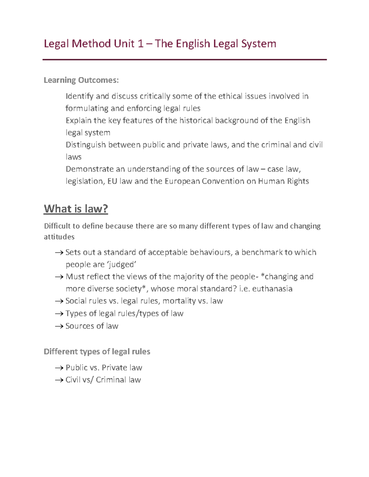 Legal Method Unit 1 notes - Legal Method Unit 1 – The English Legal ...