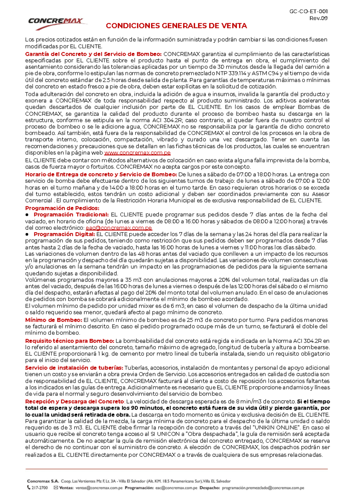 Cgv-CO-ET-001 Condiciones Generales de Venta - Concremax Rev.09 14Jul23 - Rev. 09 CONDICIONES ...