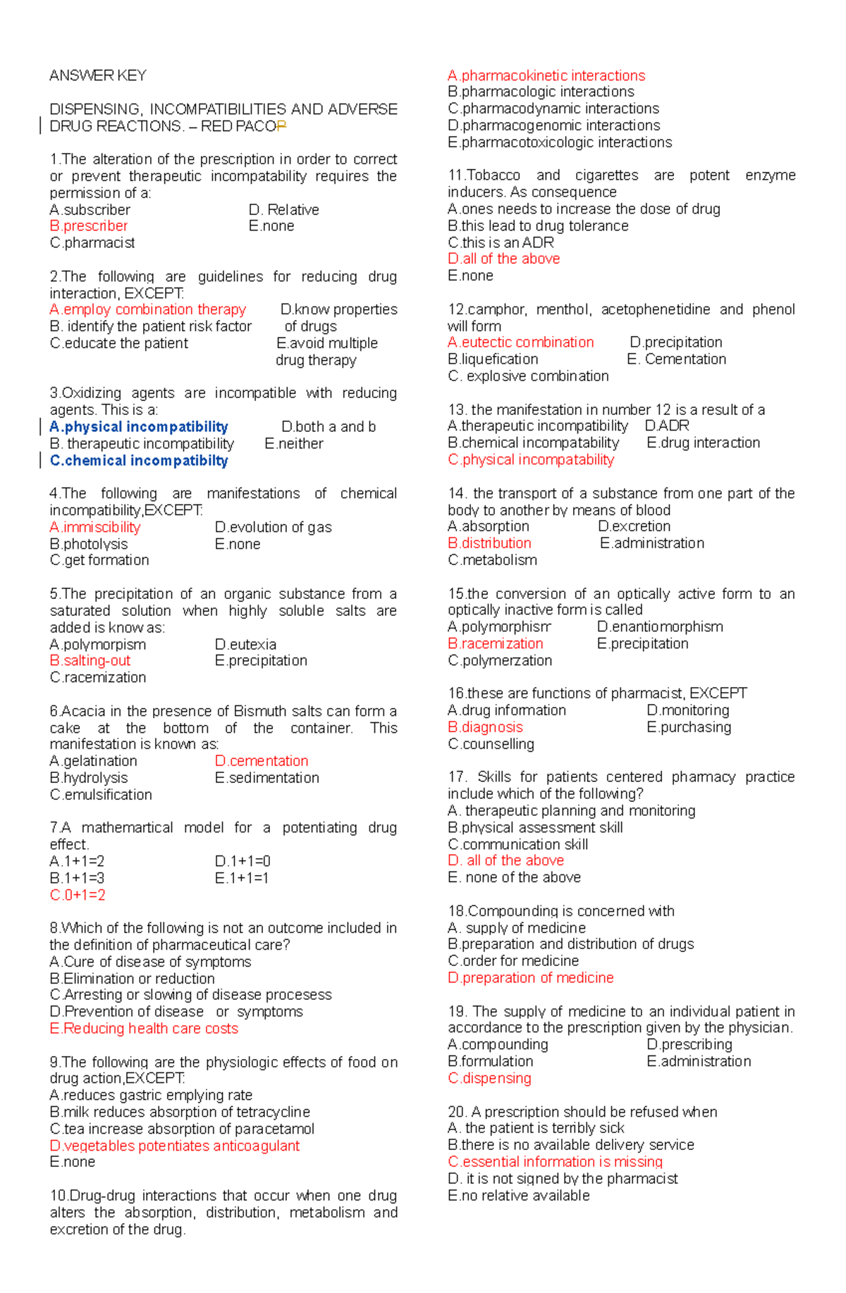 Dispensing, Incompatibilities and Adverse Drug Reactions Answer ...