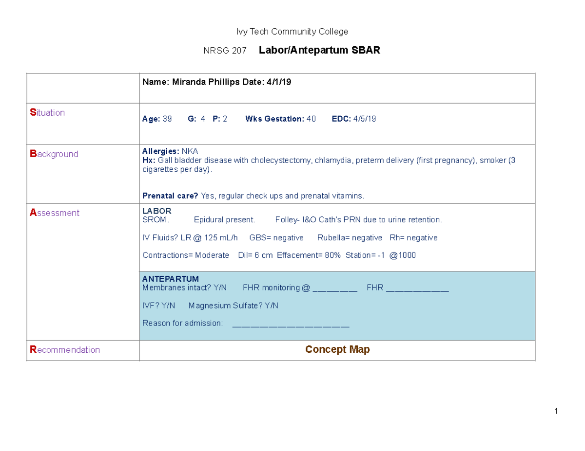 SBAR L&D OB clinical - NRSG 207 Labor/Antepartum SBAR Name: Miranda ...