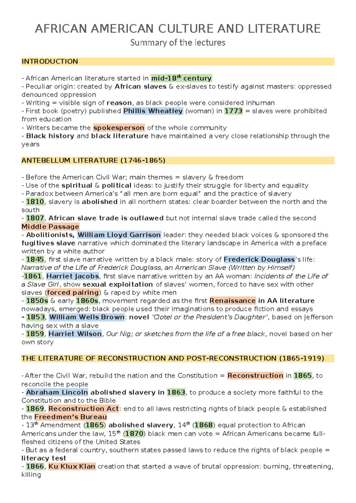 AFRO American Culture Recap - AFRICAN AMERICAN CULTURE AND LITERATURE ...