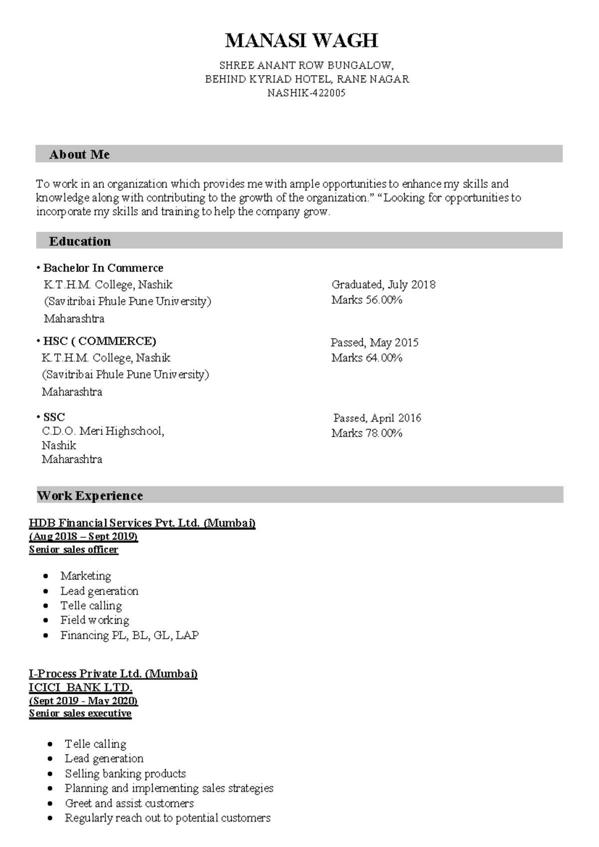 Manasi CV - MANASI WAGH SHREE ANANT ROW BUNGALOW, BEHIND KYRIAD HOTEL, RANE NAGAR NASHIK- About ...