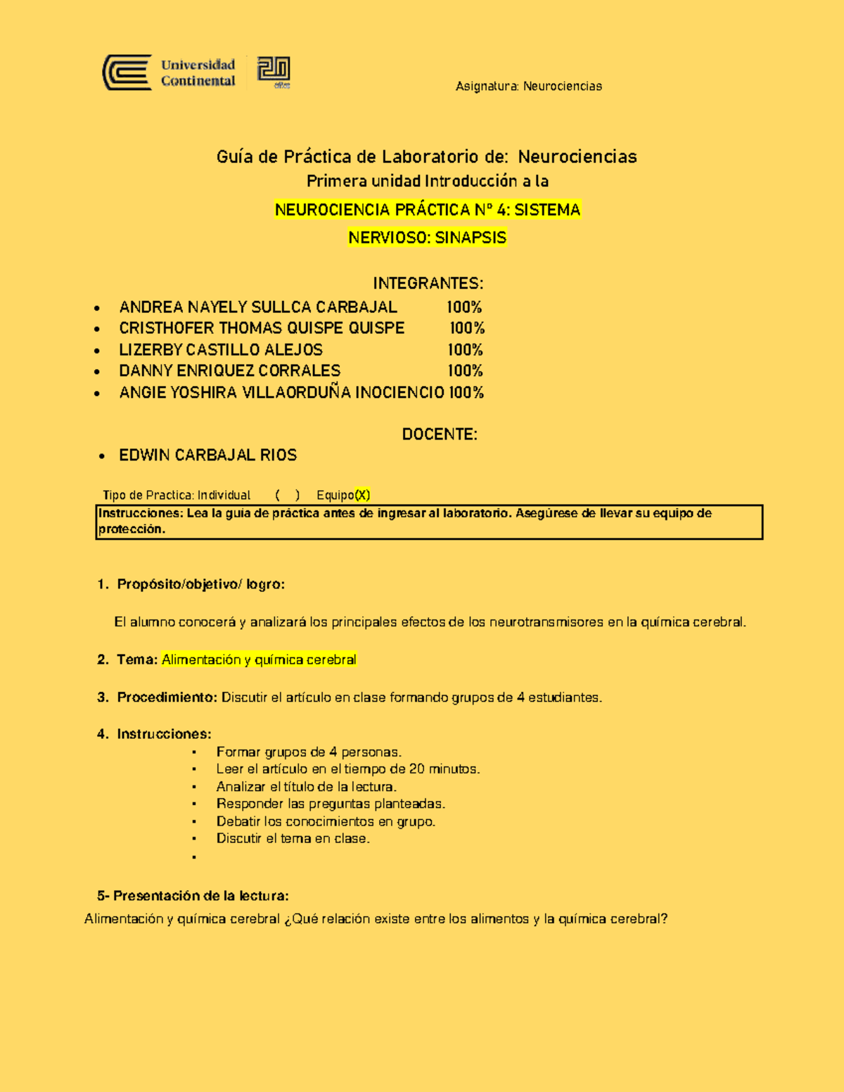 Practica 4 Neurociencia - Asignatura: Neurociencias GuÌa de Pr·ctica de Laboratorio de: - Studocu