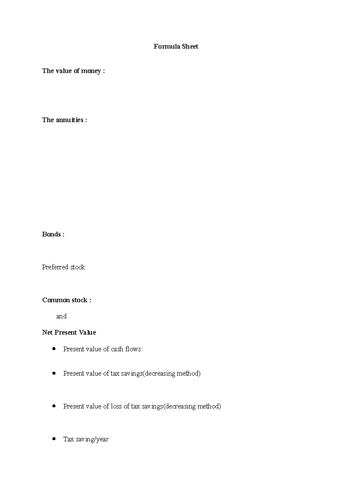 Formula FM - finance fundamenrtals - Formula Sheet The value of money ...