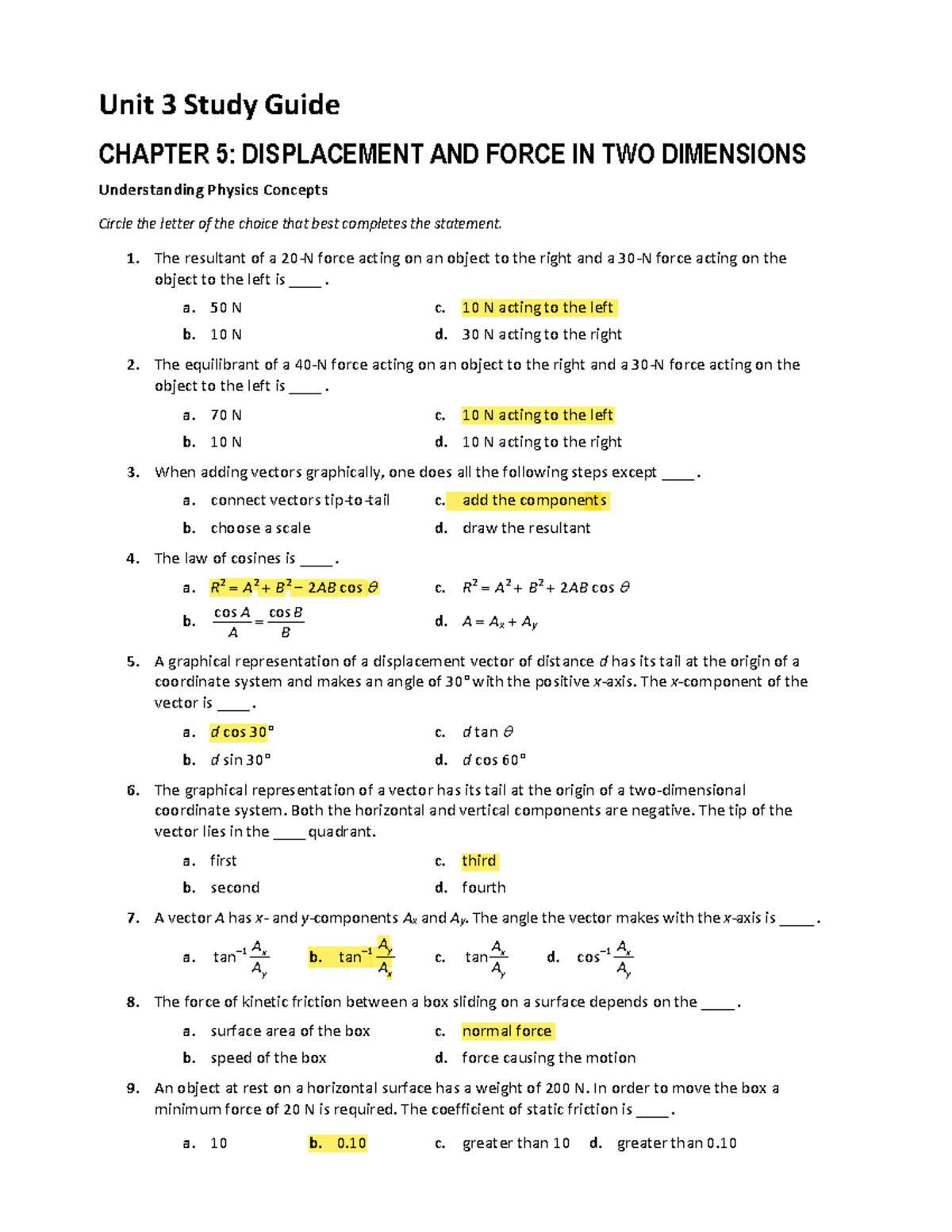 Unit 3 Study Guide 21-22 - Unit 3 Study Guide CHAPTER 5: DISPLACEMENT ...