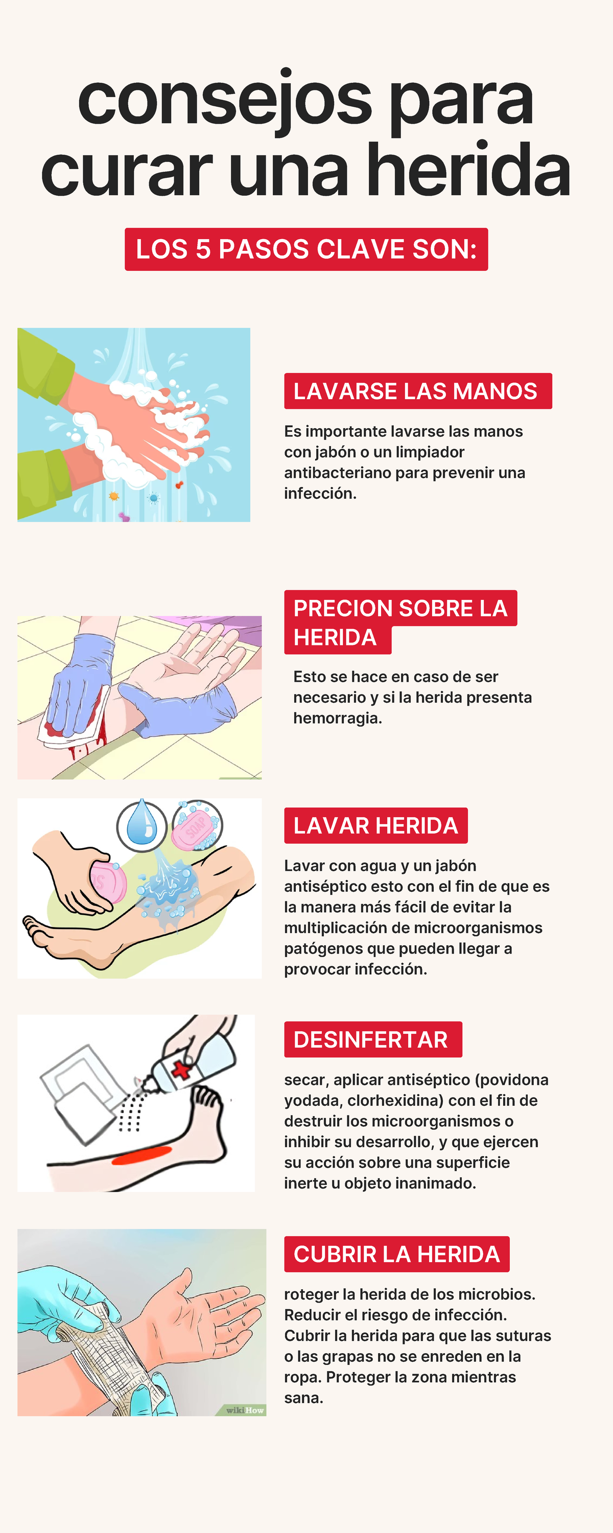 Infografía Primeros Auxilios Simple Negro y Rojo - consejos para curar una herida LOS 5 PASOS ...