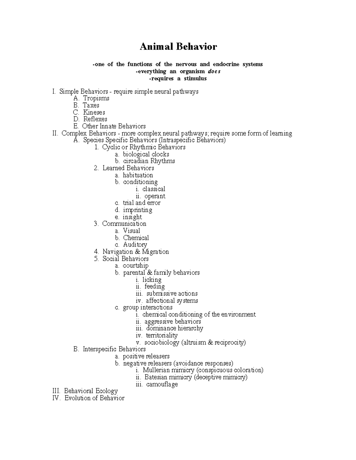 Animal Behaviors - Handout - Animal Behavior -one of the functions of ...