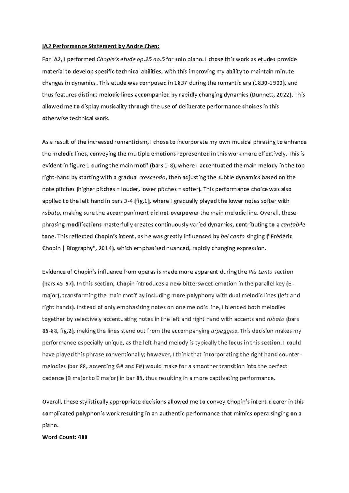 Music Extension QCAA Performance Statement IA2 - IA2 Performance ...