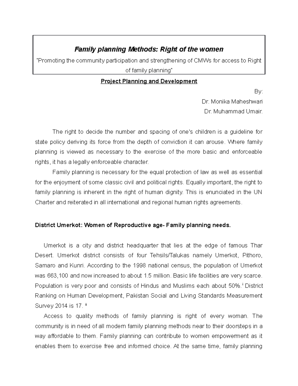 Assignment Family Planning methods Right of the women - Family planning ...