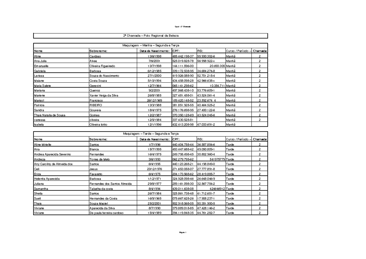 CPF Aleatorio - Nome Sobrenome: Data de Nascimento: CPF: RG: Curso / Período – MaquiagemChamada ...