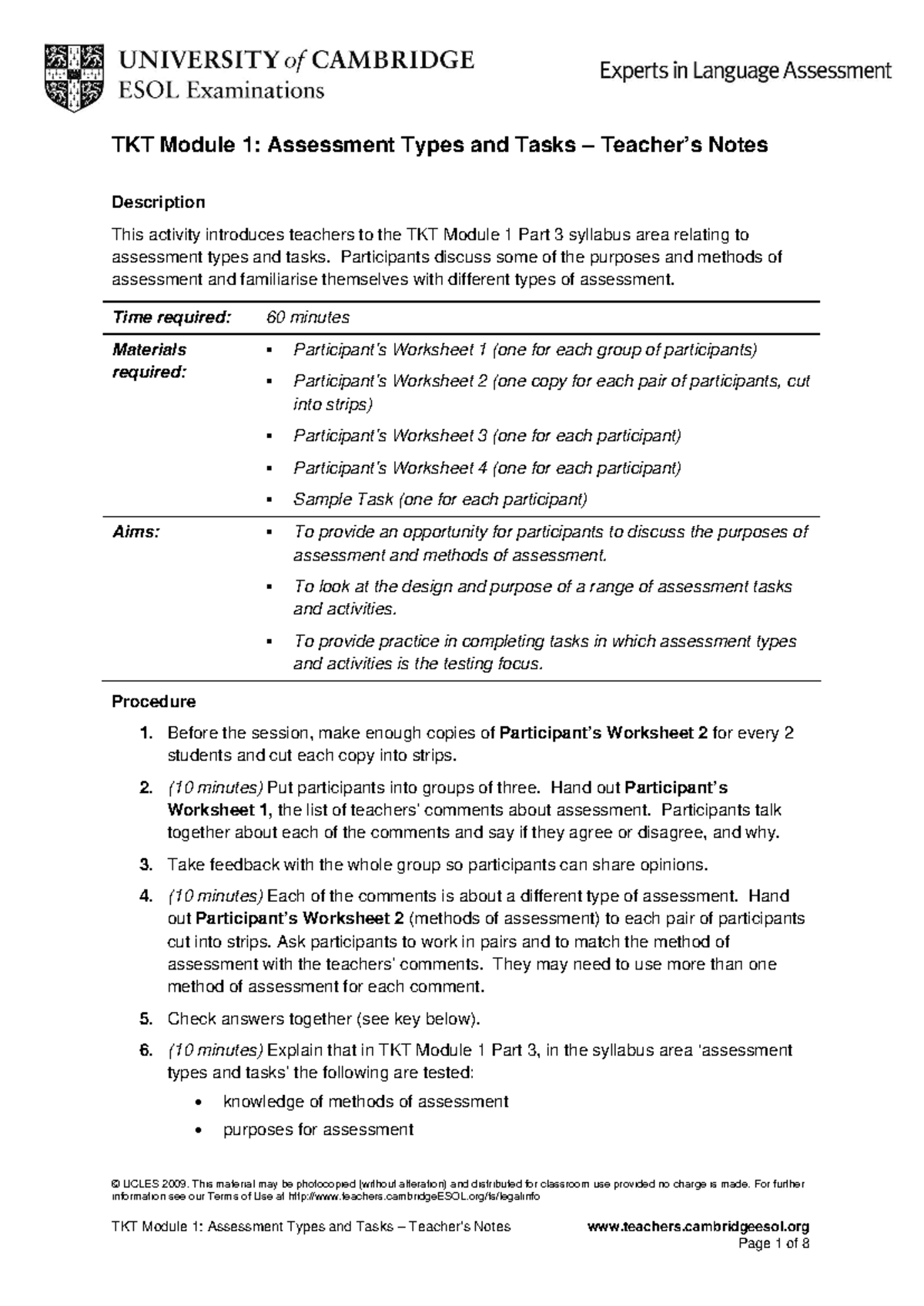 TKT Module 1 Assessment Types and Tasks - Participants discuss some of the purposes and methods ...