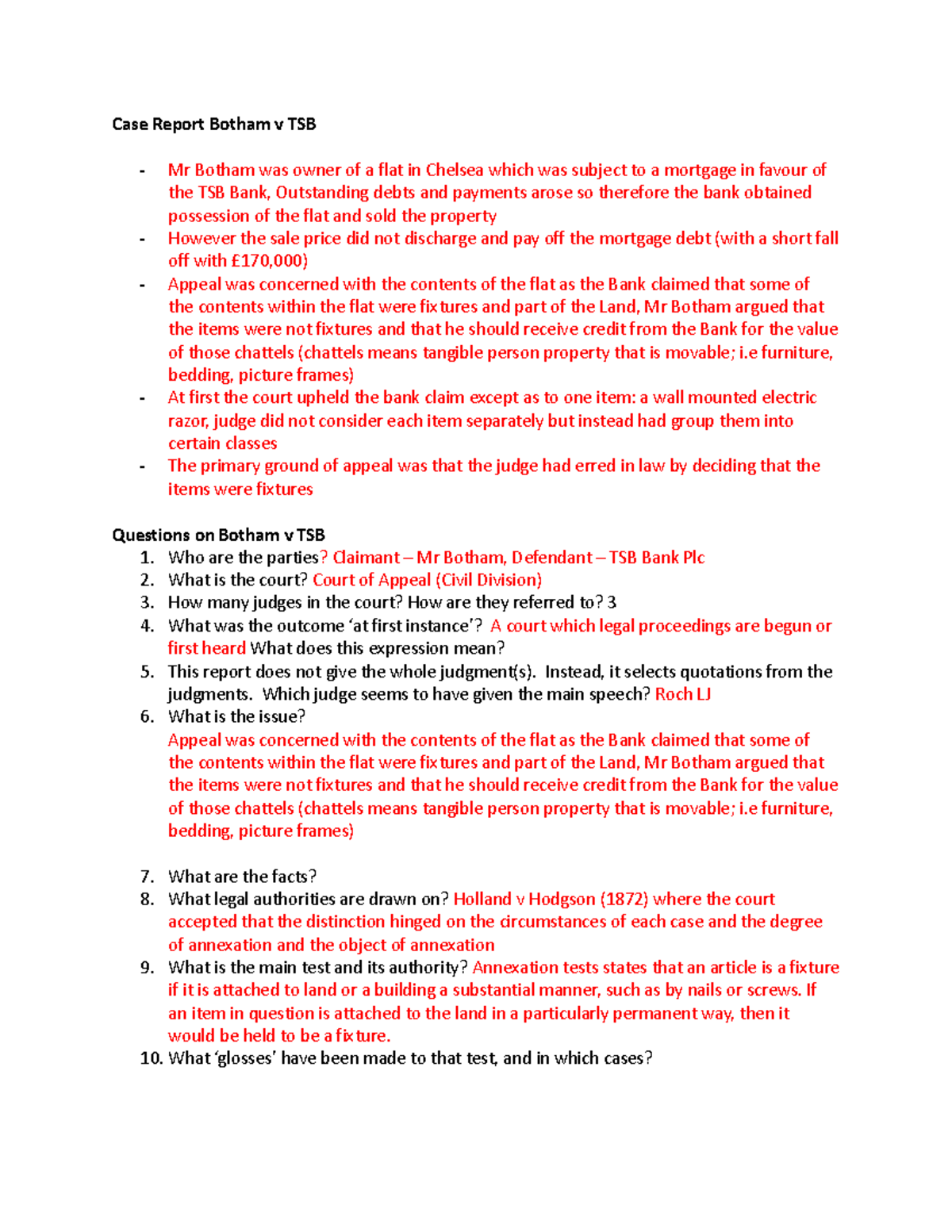 Questions on Botham v TSB - Case Report Botham v TSB - Mr Botham was ...