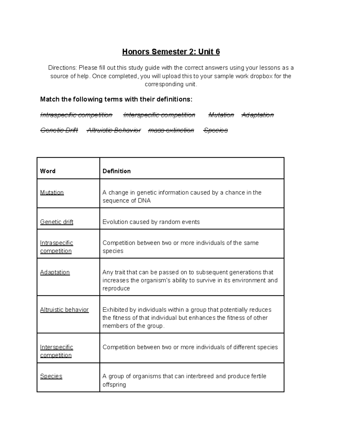 Honors Unit 6 Study Guide - Honors Semester 2: Unit 6 Directions ...