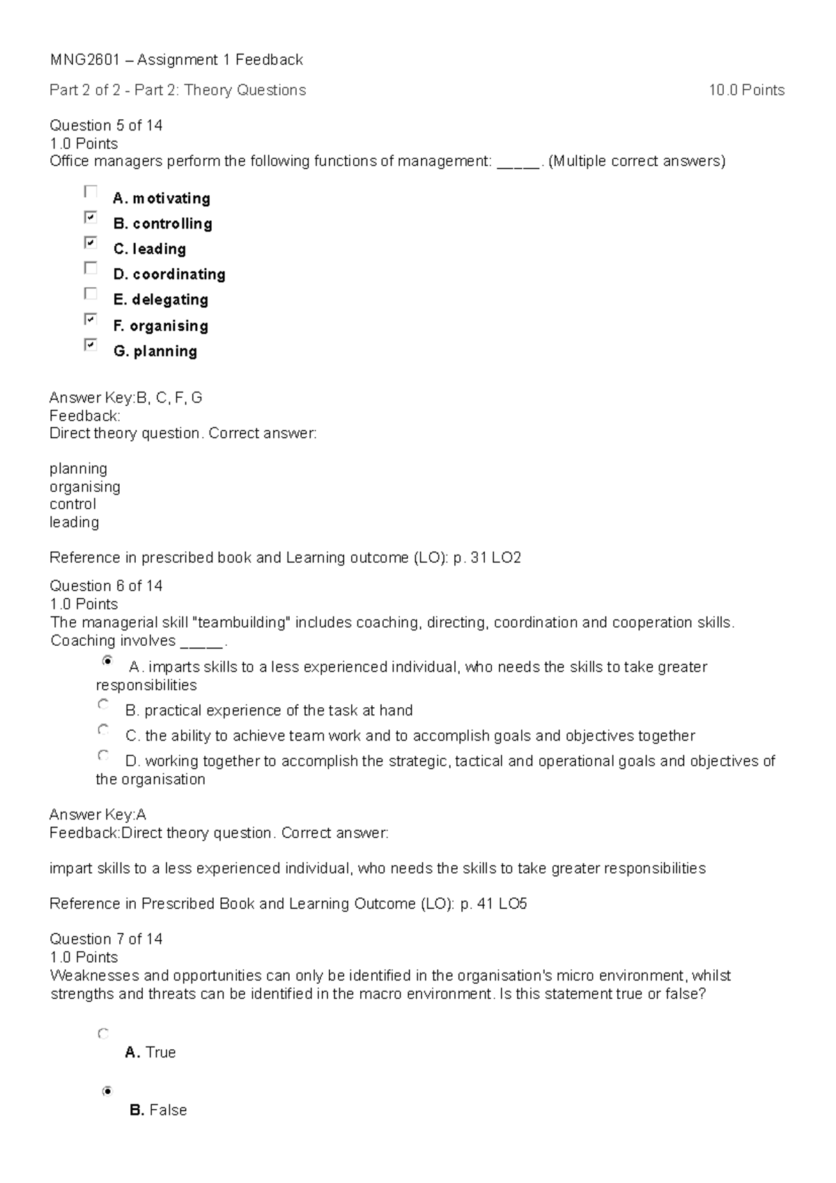 MNG2601 - Assignment 1 Feedback on Randomised system Multiple Choice questions - MNG2601 – - Studocu