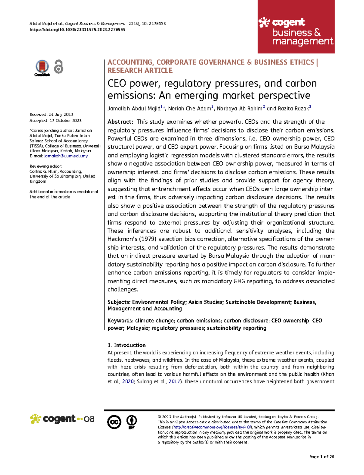 CEO power regulatory pressures and carbon emission - ACCOUNTING ...