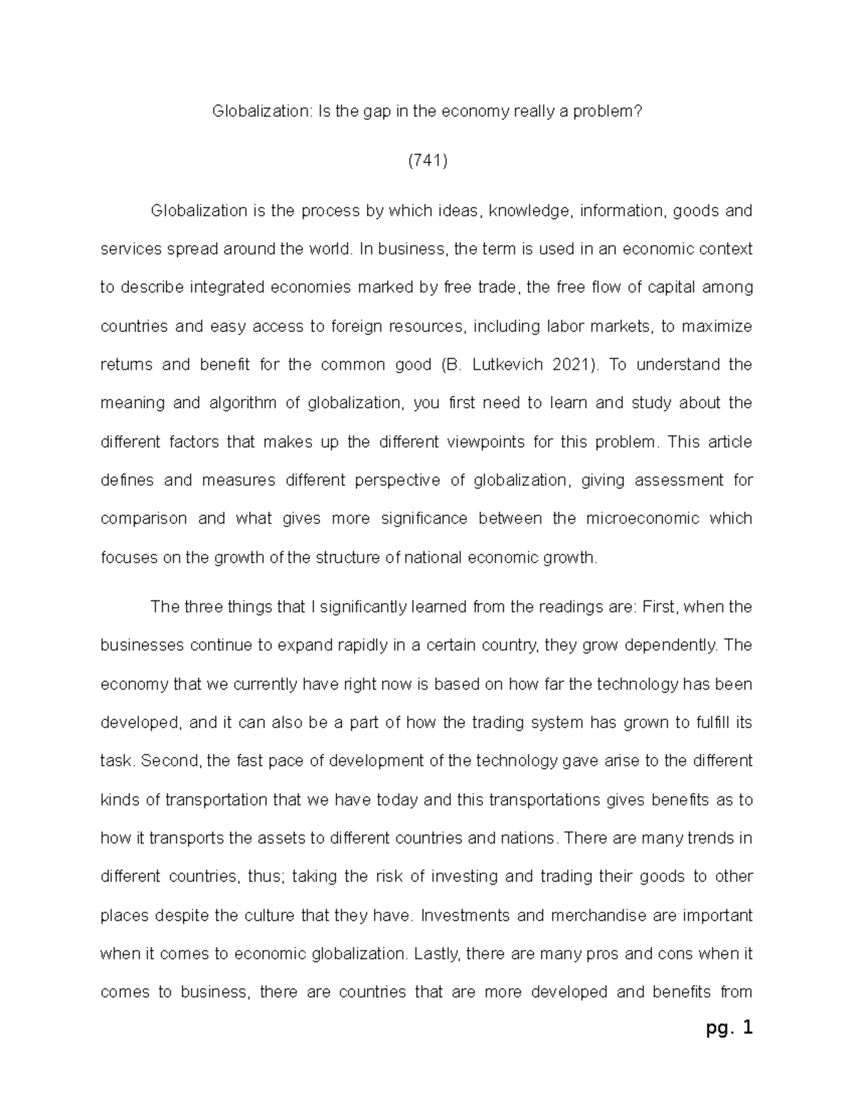 GED105 - Metacognitive Reading Report 1 (Globalization) - Globalization ...