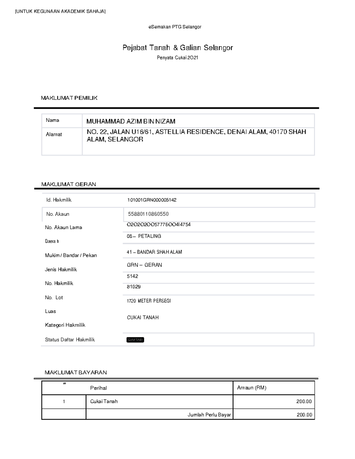 ITEM 10.7 QUIT RENT Receipt ( Cukai Tanah) - [UNTUK KEGUNAAN AKADEMIK ...