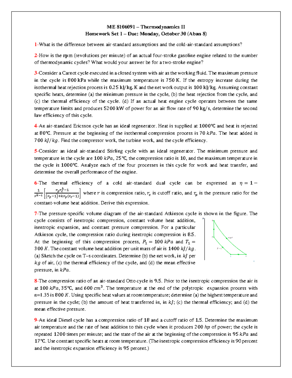 ME8106091 HW1 - Thermo_Dynamics - ME 8106091 – Thermodynamics II ...
