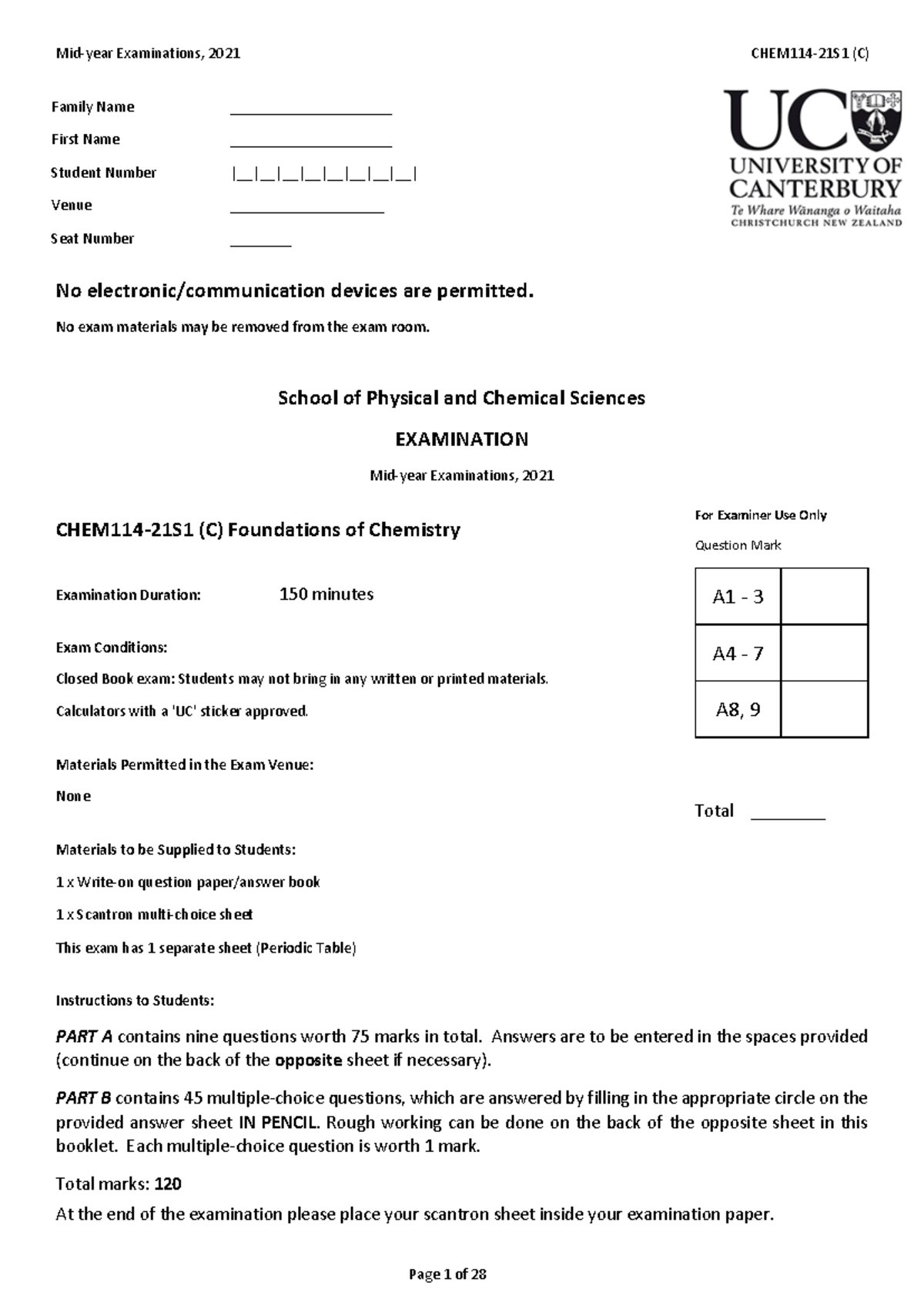 CHEM114 exam master 20210527 (1) 2 - No electronic/communication ...