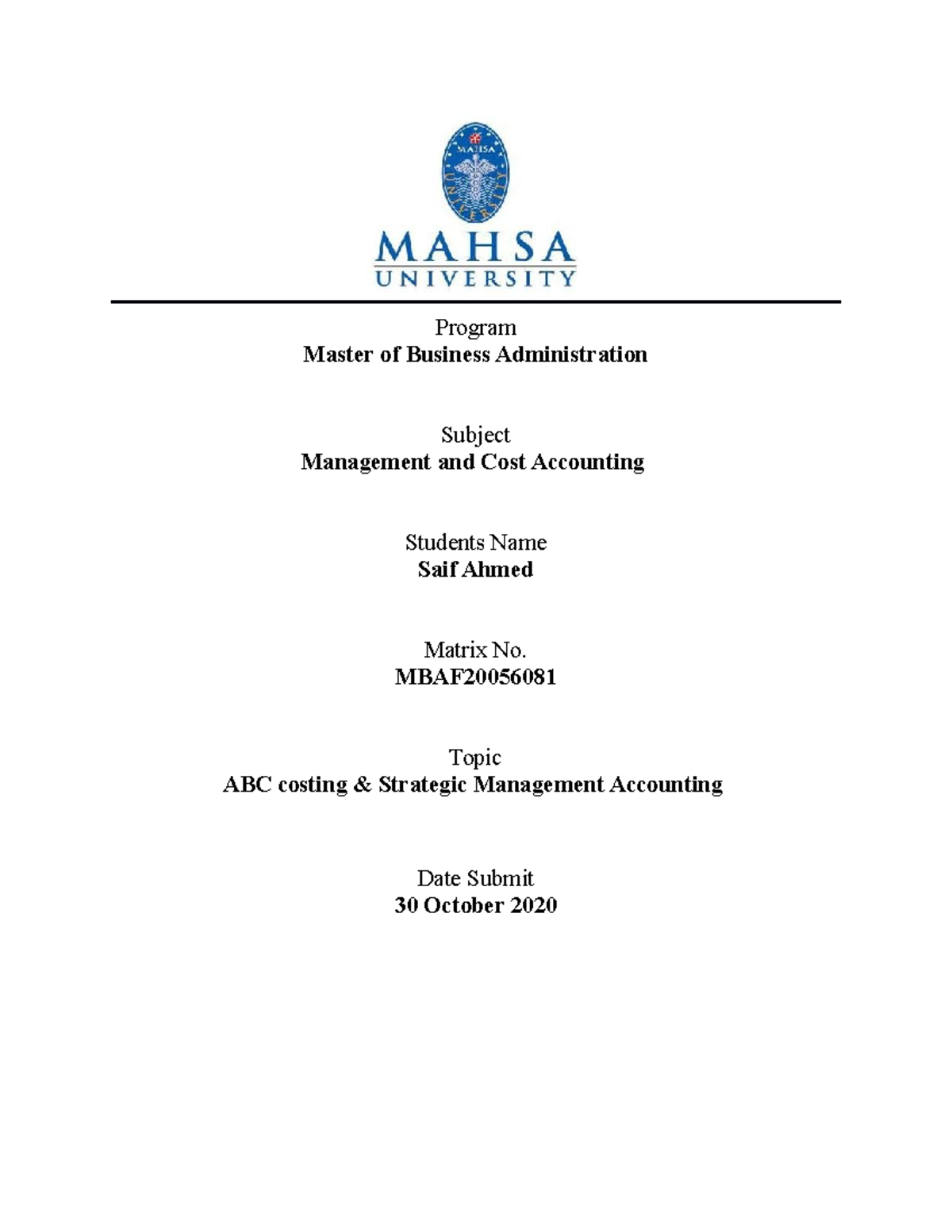Strategic management accounting mine - Program Master of Business ...