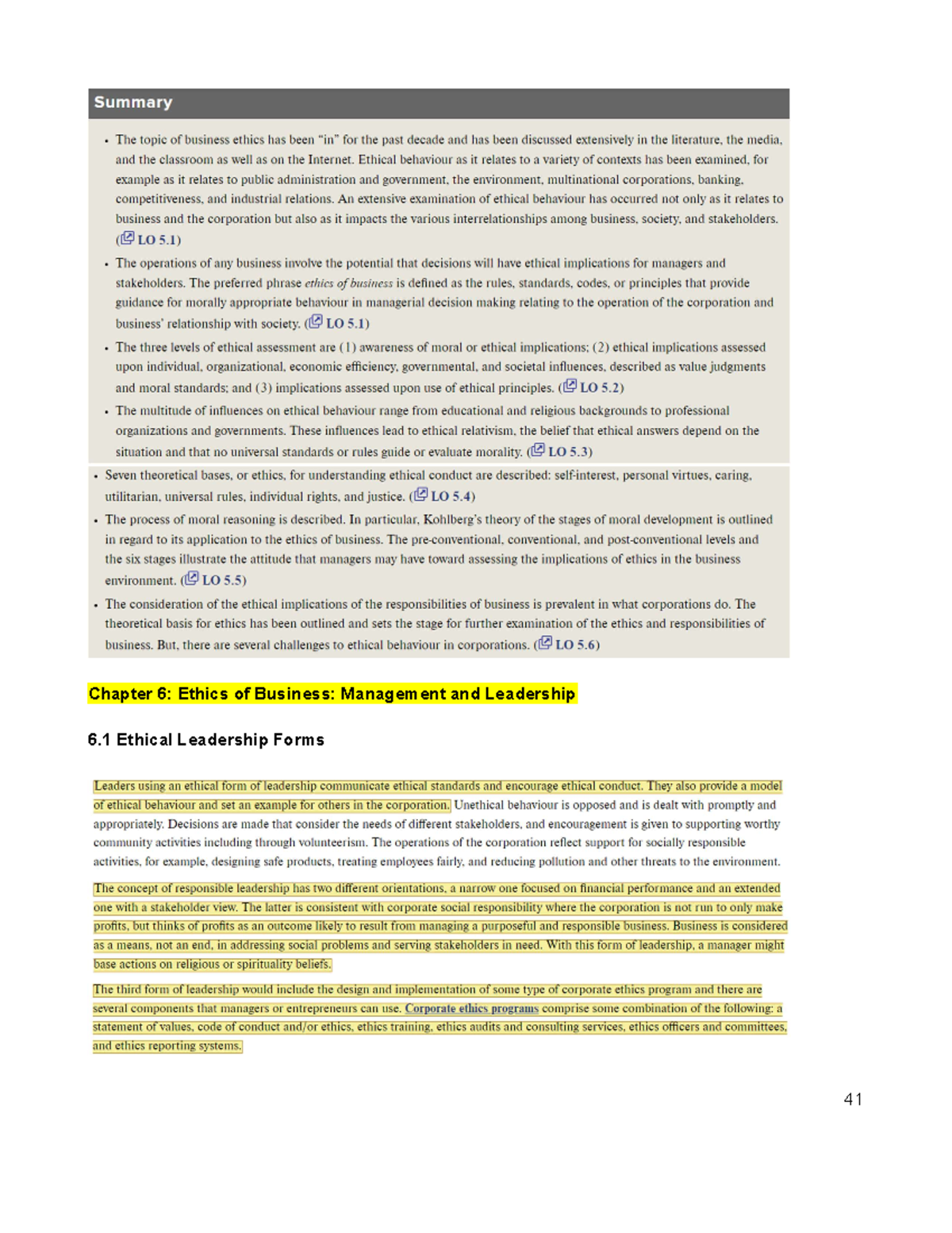 Chapter 6 notes - Chapter 6: Ethics of Business: Management and ...