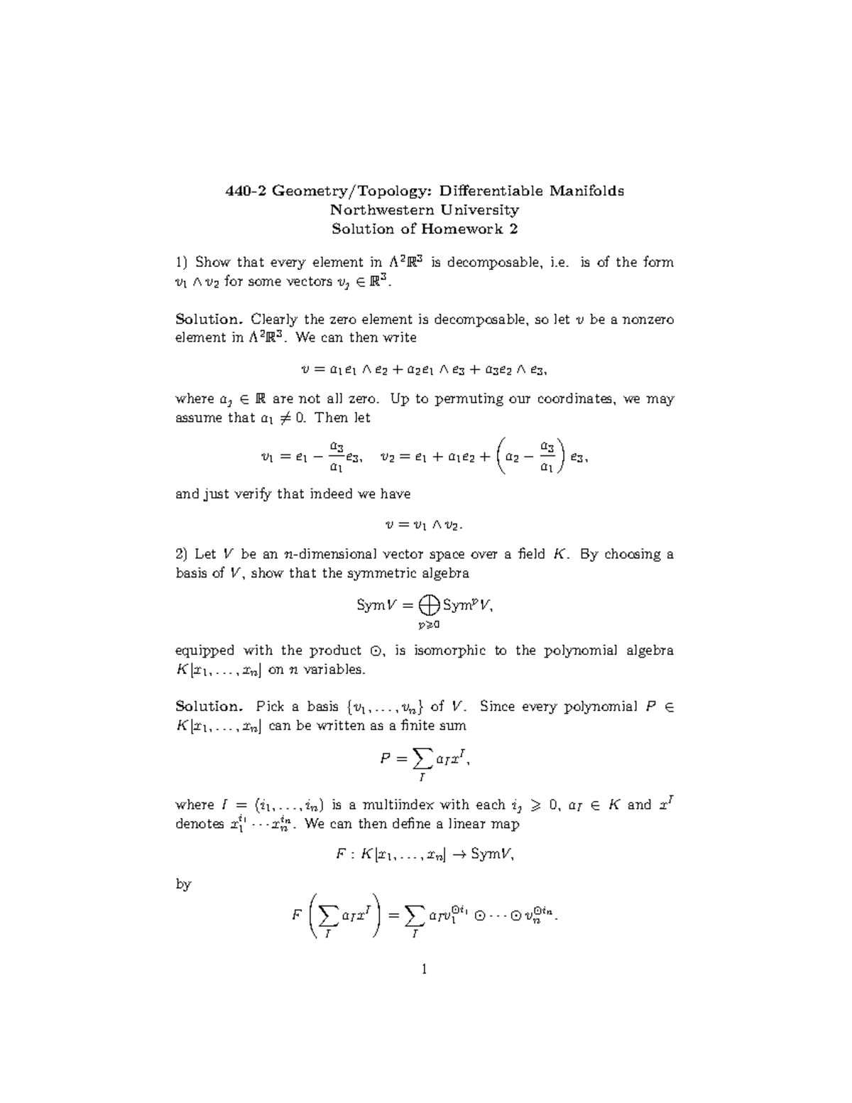440 2 Geometry Topology Differentiable Manifolds Homework 2 Solution