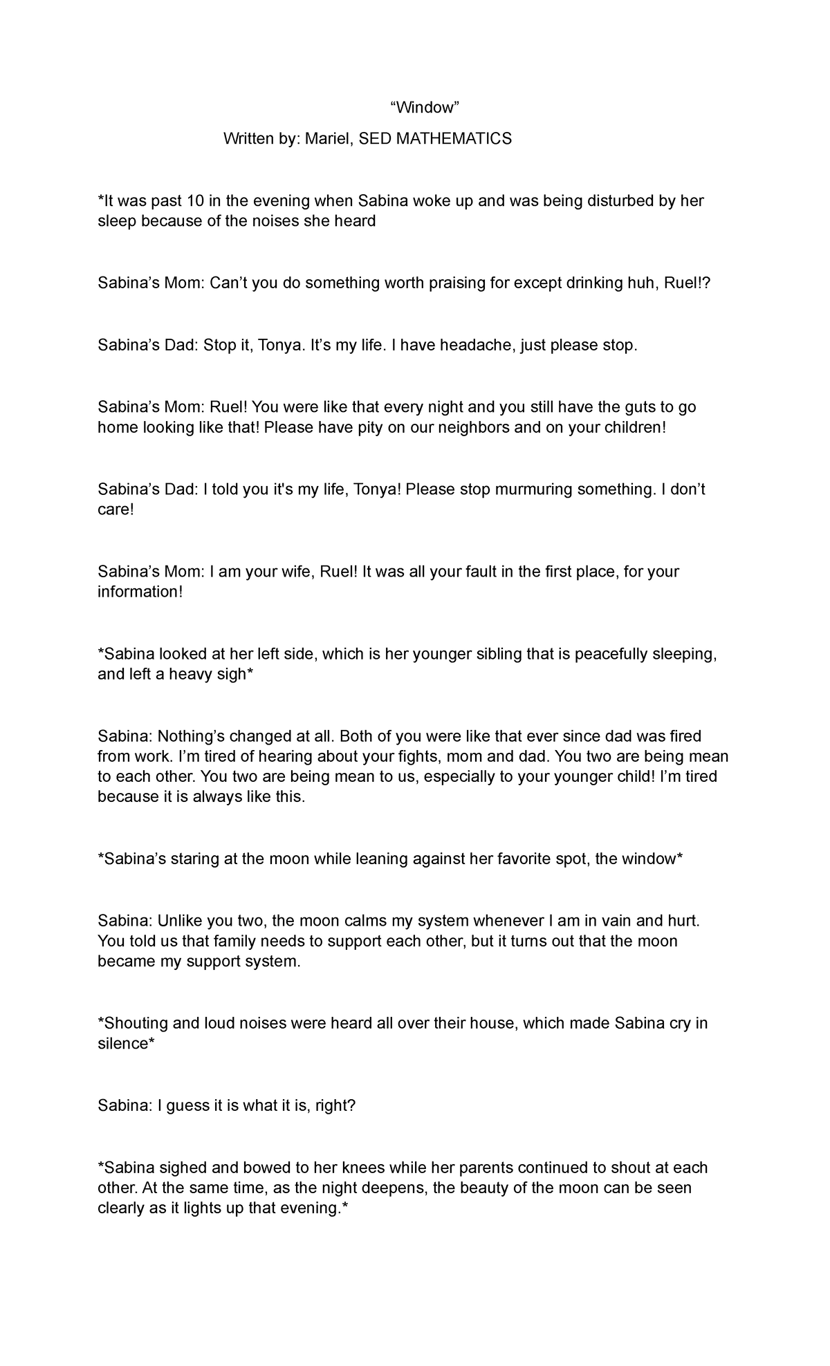 Window - Script Writing - “Window” Written by: Mariel, SED MATHEMATICS ...