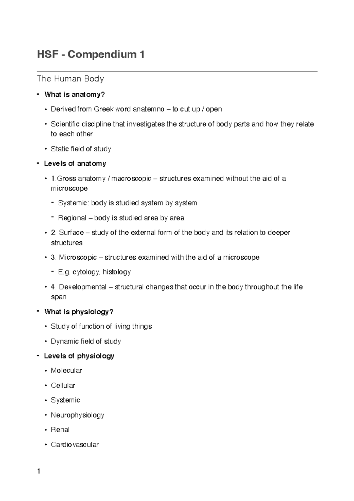 Compendium 1 - Lecture notes 1 - HSF - Compendium 1 The Human Body ...