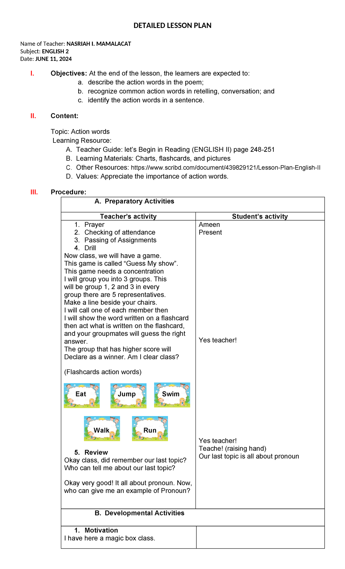 439829121 Lesson Plan English II 1 - DETAILED LESSON PLAN Name of ...