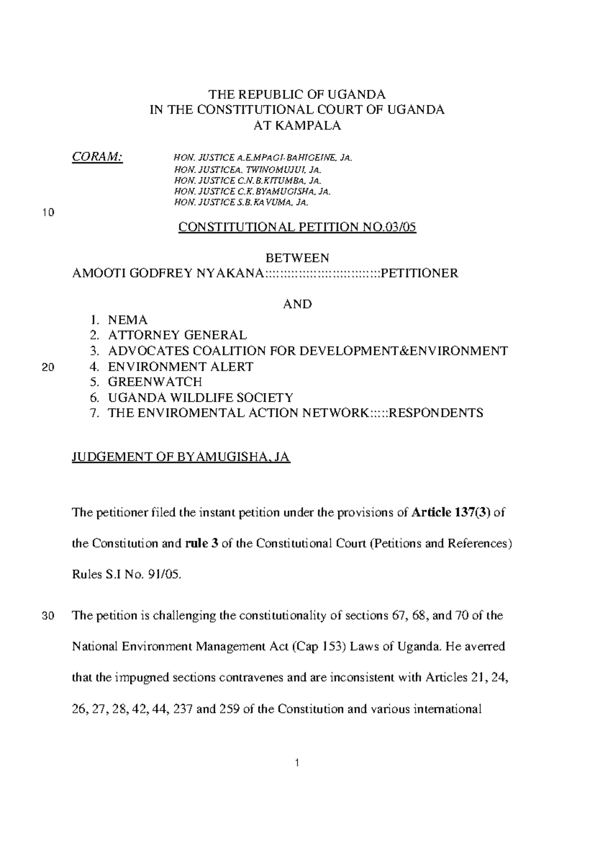 Constitutional Petition - IN THE CONSTITUTIONAL COURT OF UGANDA THE ...