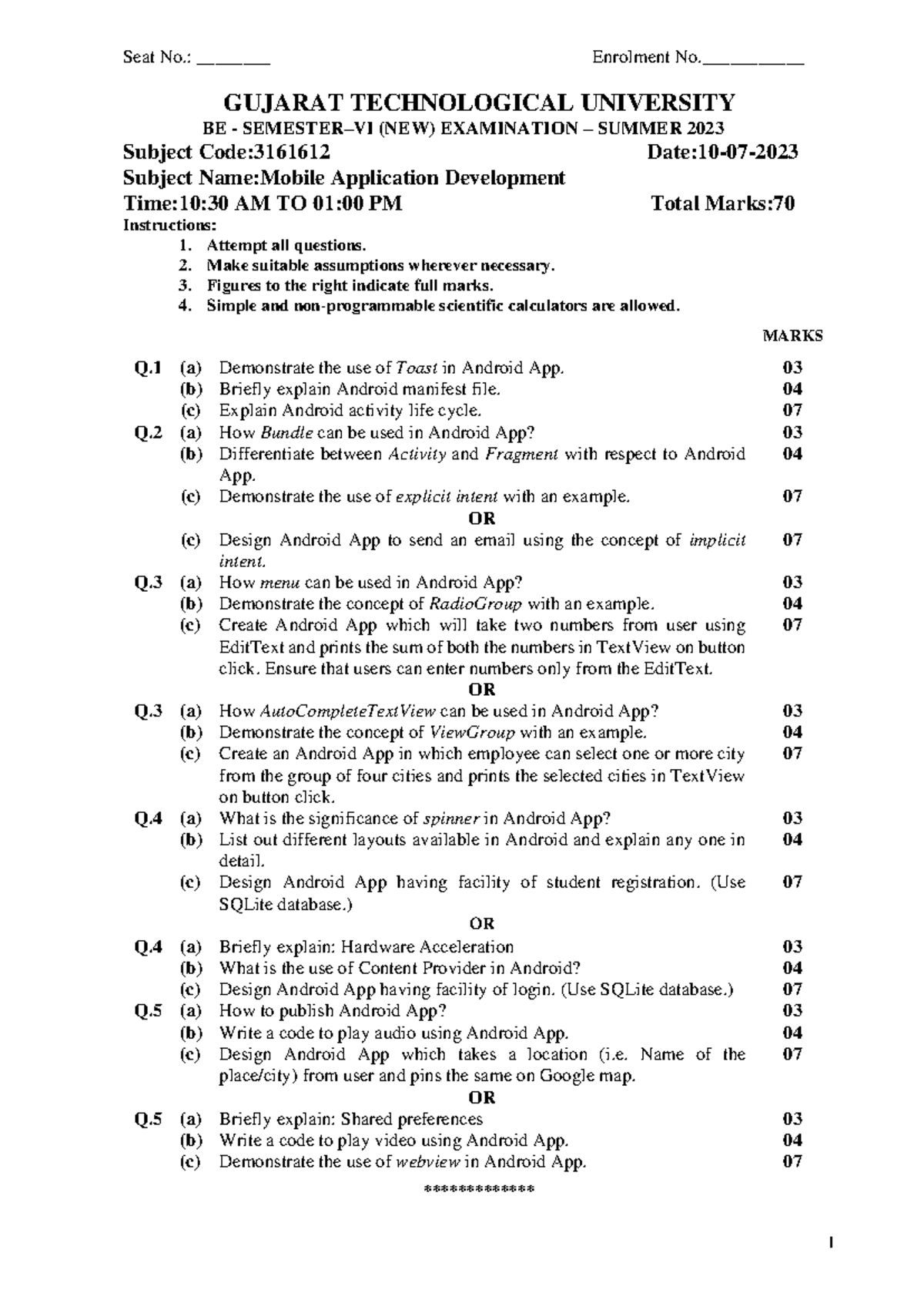 3161612 - 1 Seat No.: ________ Enrolment No.___________ GUJARAT ...