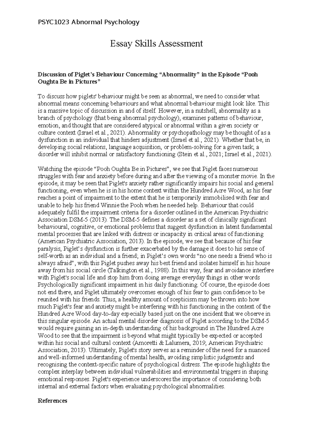 Essay Skills Assessment - PSYC1023 Abnormal Psychology Essay Skills ...
