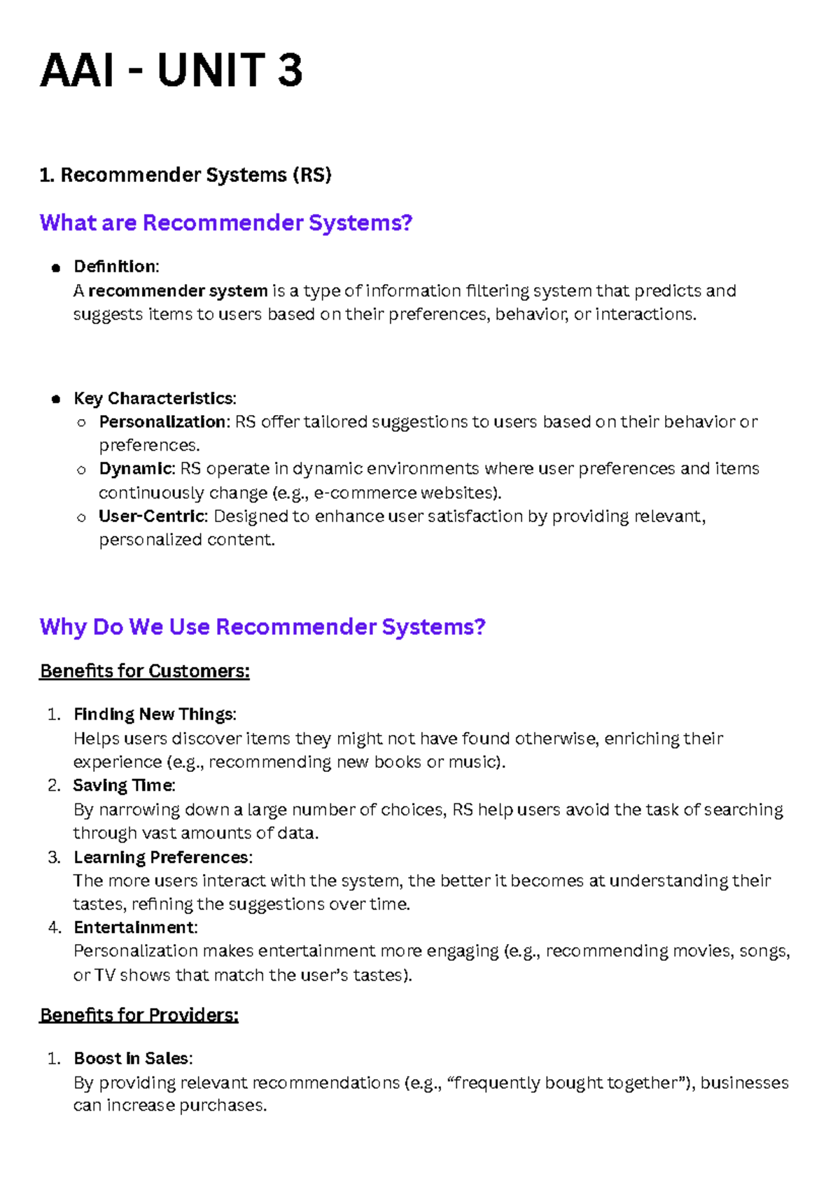 AAI - UNIT 3 - AAI - UNIT 3 - AAI - UNIT 3 1. Recommender Systems (RS ...