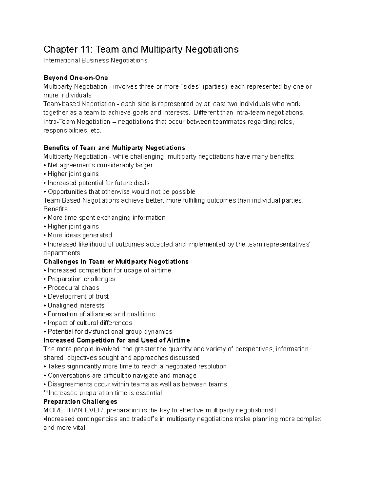 MAN 3442 Chapter 11 - Chapter 11: Team and Multiparty Negotiations International Business - Studocu