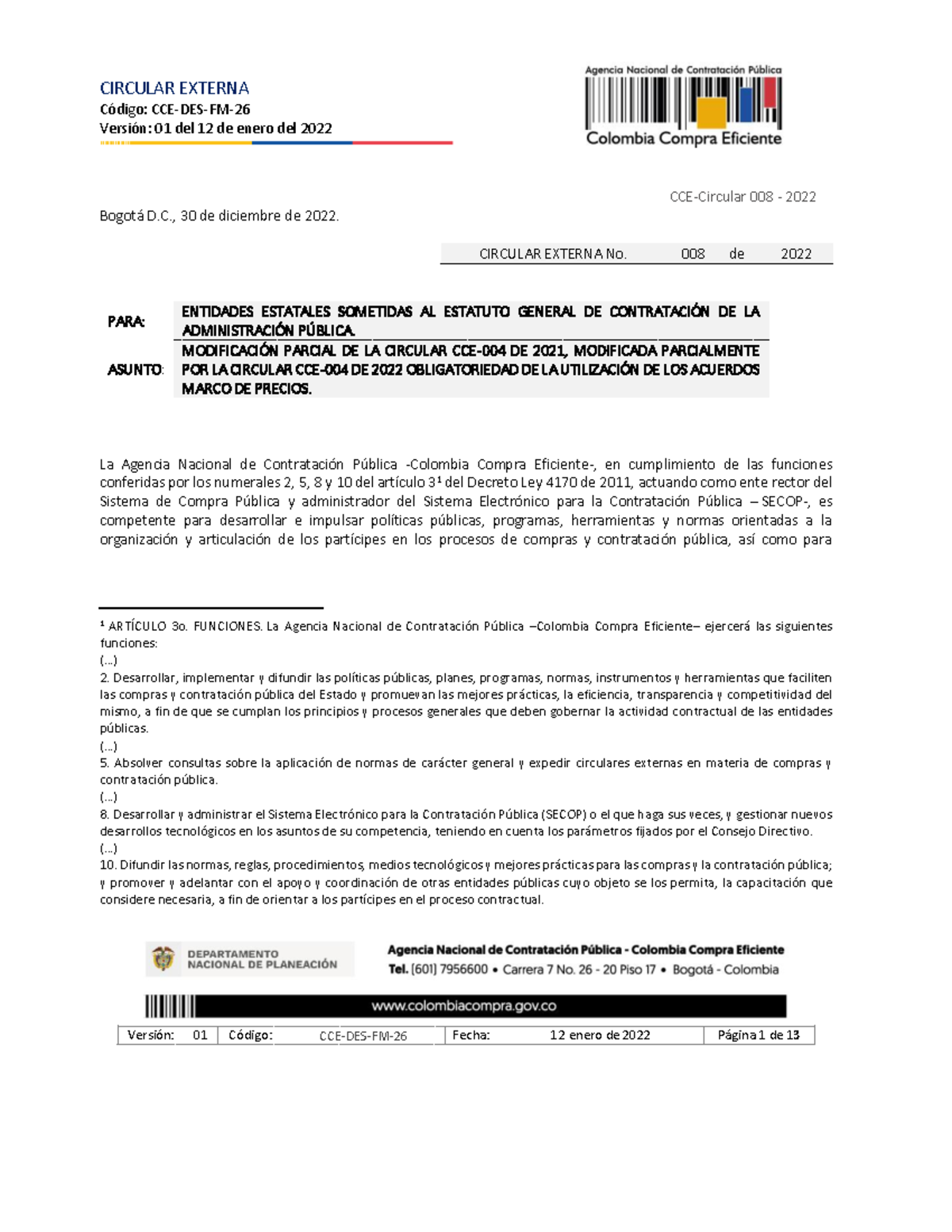Circular externa 008 de 2022 modificacion circular 04 acuerdos marco - Código: CCE-DES-FM- 26 ...