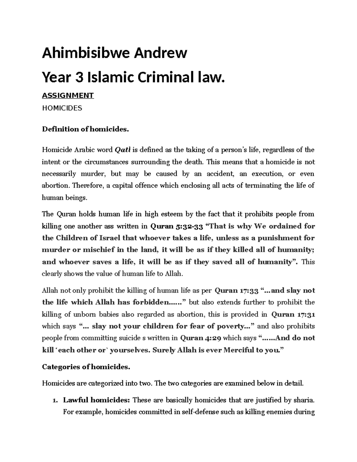 Islamic criminal law Homicides( - Ahimbisibwe Andrew Year 3 Islamic Criminal law. ASSIGNMENT ...