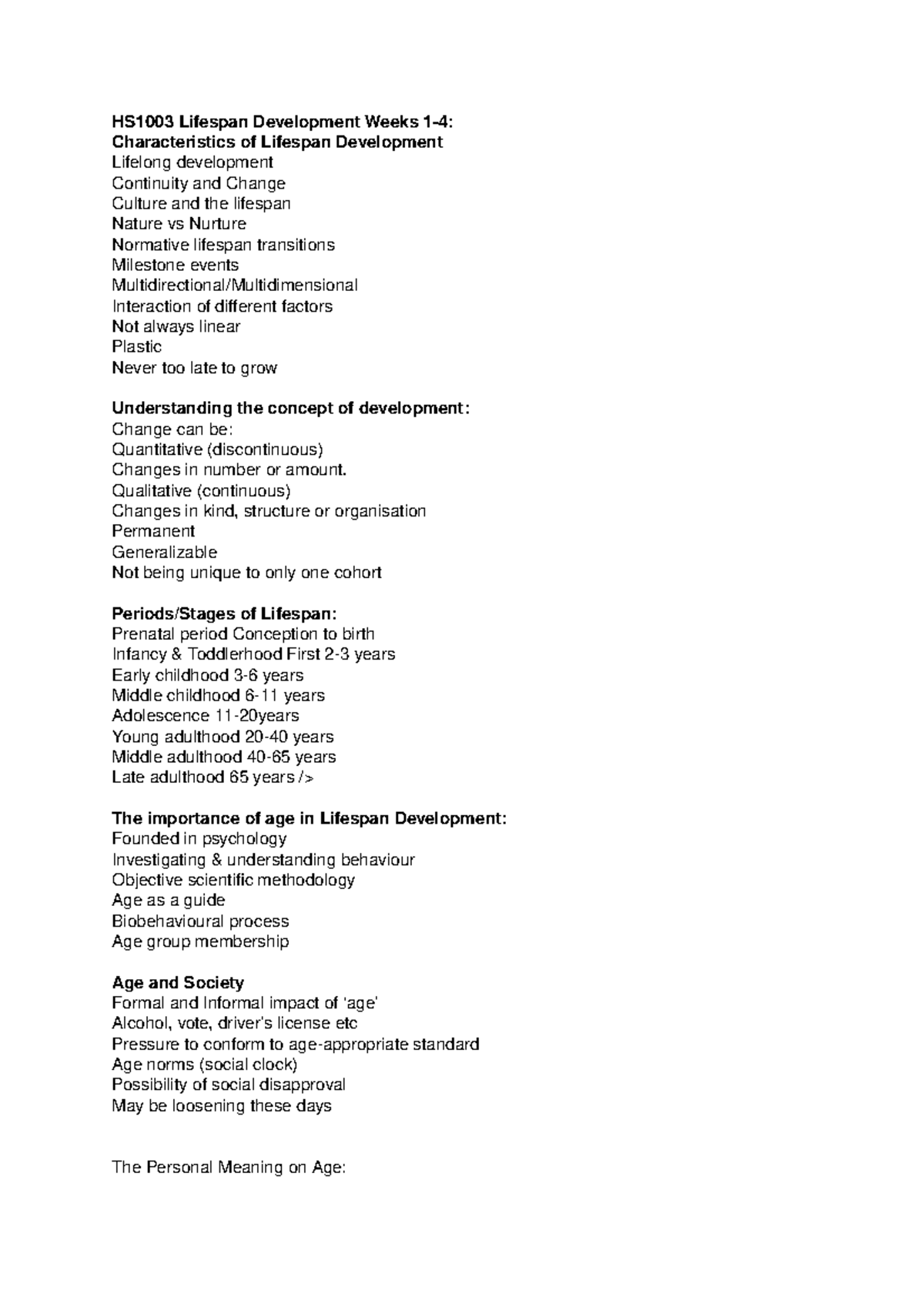 Lifespan Development for Health A Lecture notes, lectures Week 1-4 ...
