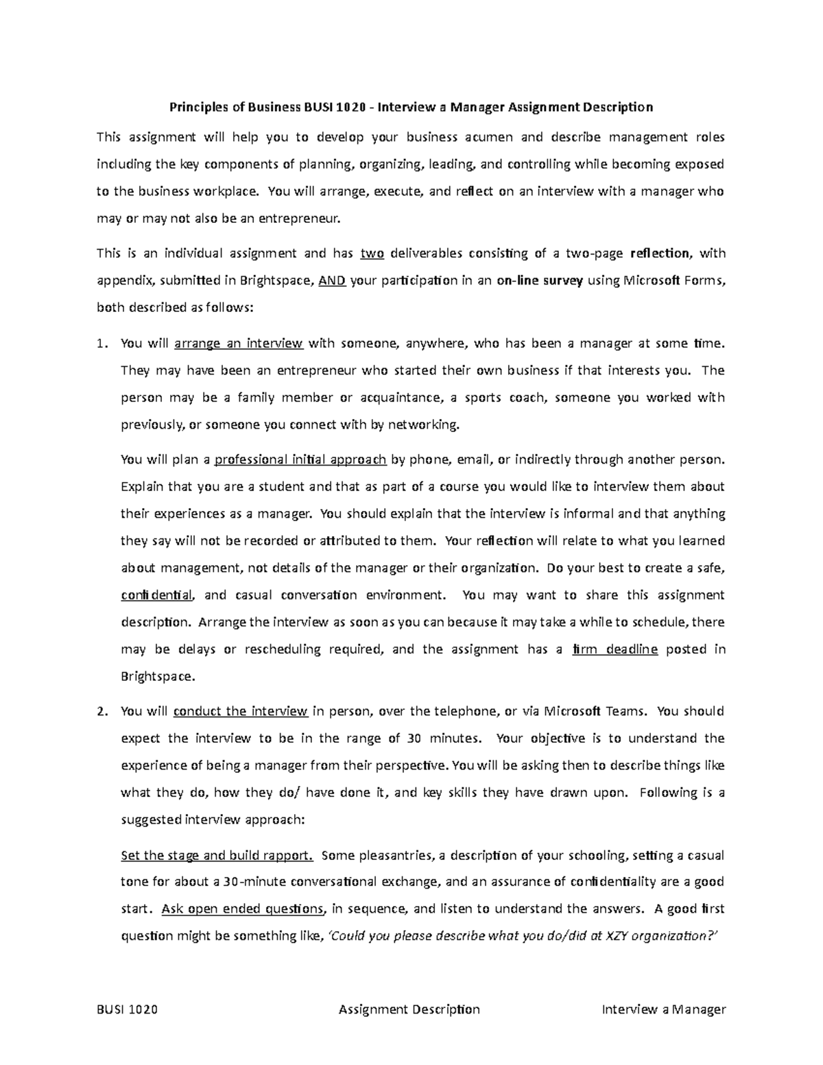 Assignment - Interview a Manager - Principles of Business BUSI 1020 ...