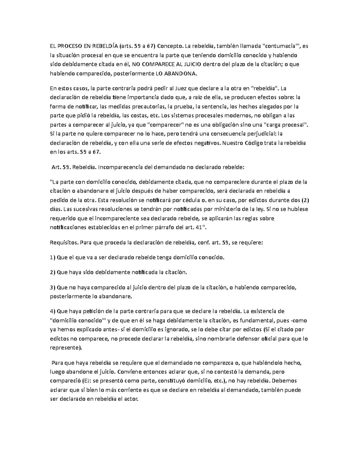 EL Proceso EN Rebeldía - EL PROCESO EN REBELDÍA (arts. 59 a 67 ...