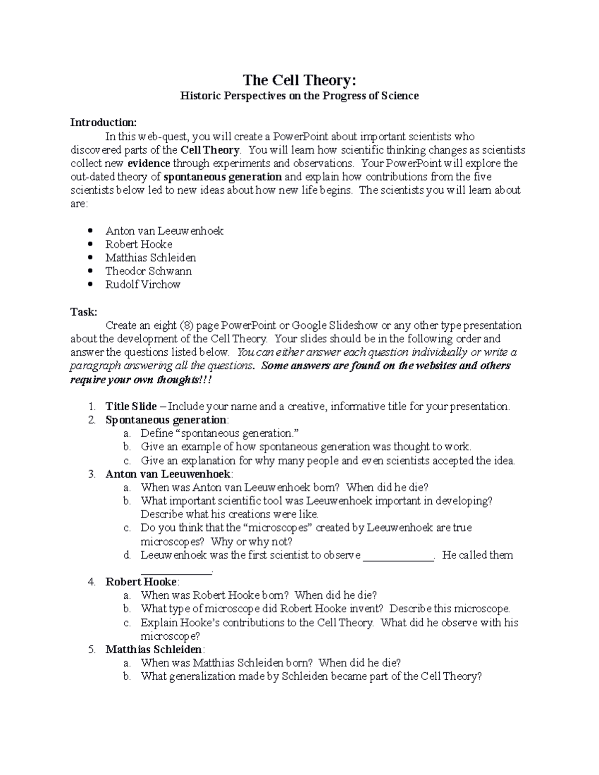 Cell Theory Spont Gen Webquest - The Cell Theory: Historic Perspectives ...