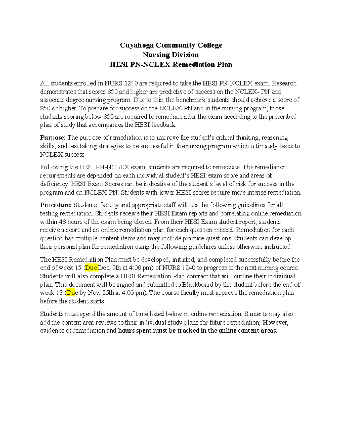 HESI Remediation Plan- Fall 2022- NURS 1240 (8) - Cuyahoga Community ...