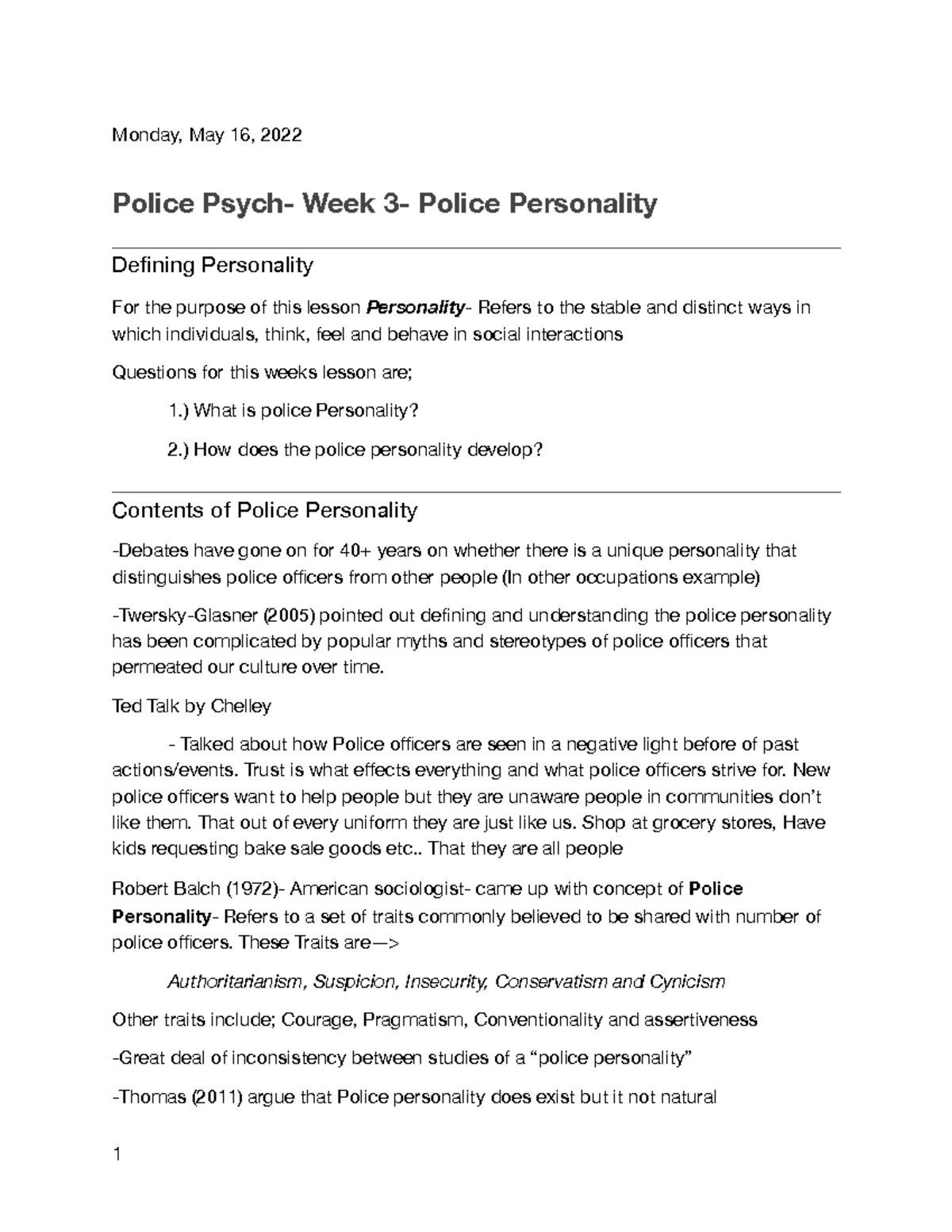 PD200 Wk3 copy - Lecture Notes - Monday, May 16, 2022 Police Psych ...