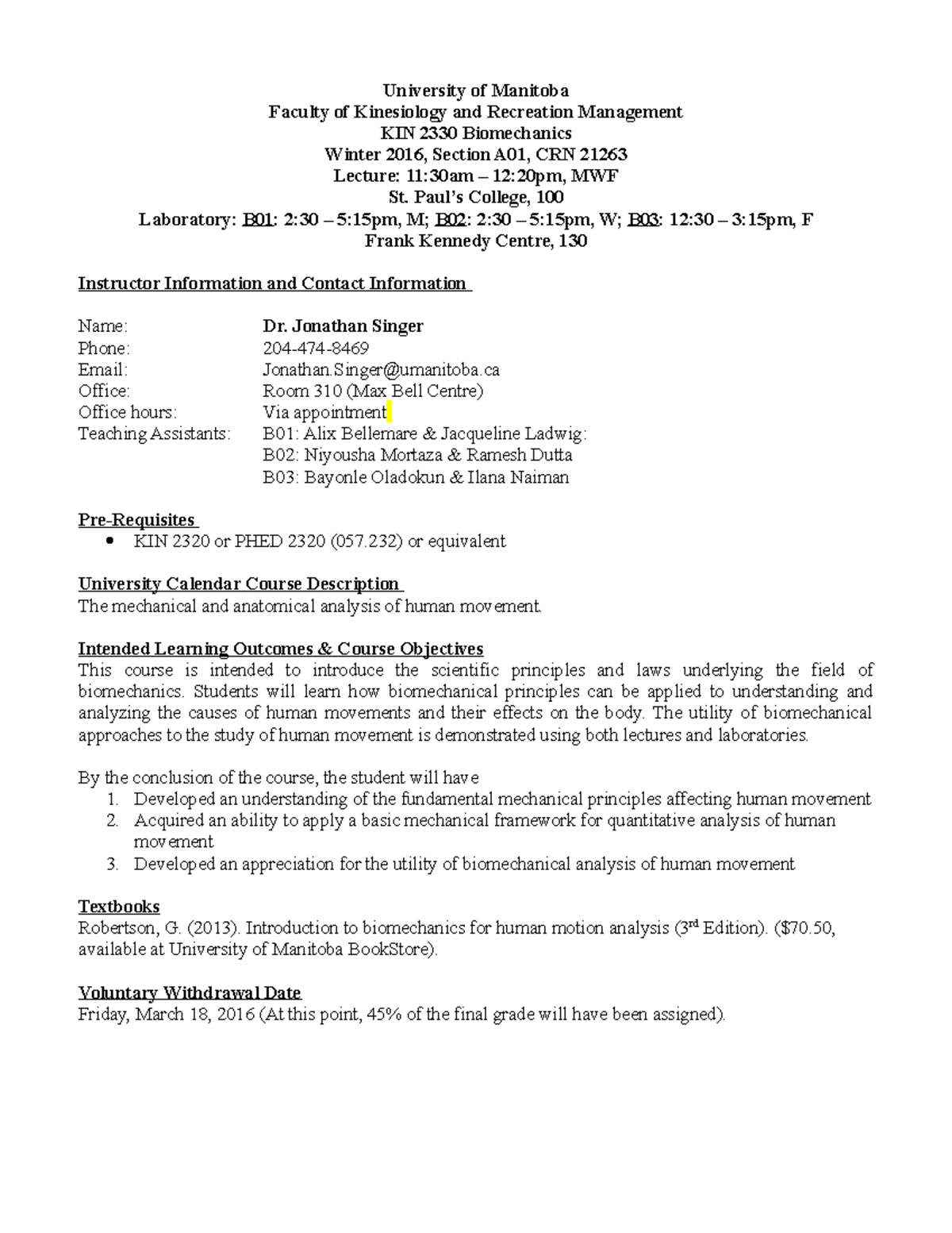 KIN 2330 Winter 2016 - Course outline - University of Manitoba Faculty ...