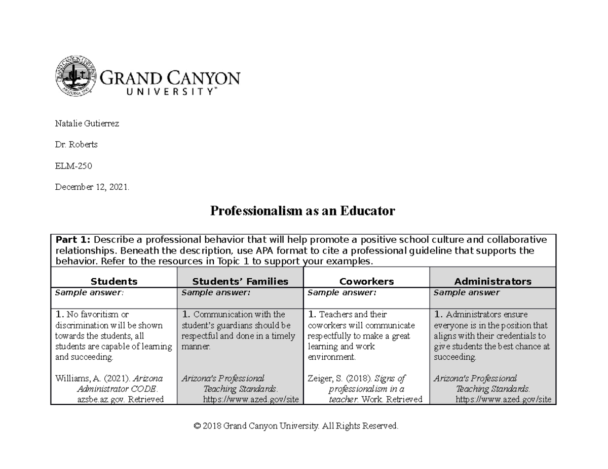 ELM-250-Professionalism Educator Table - Natalie Gutierrez Dr. Roberts ...