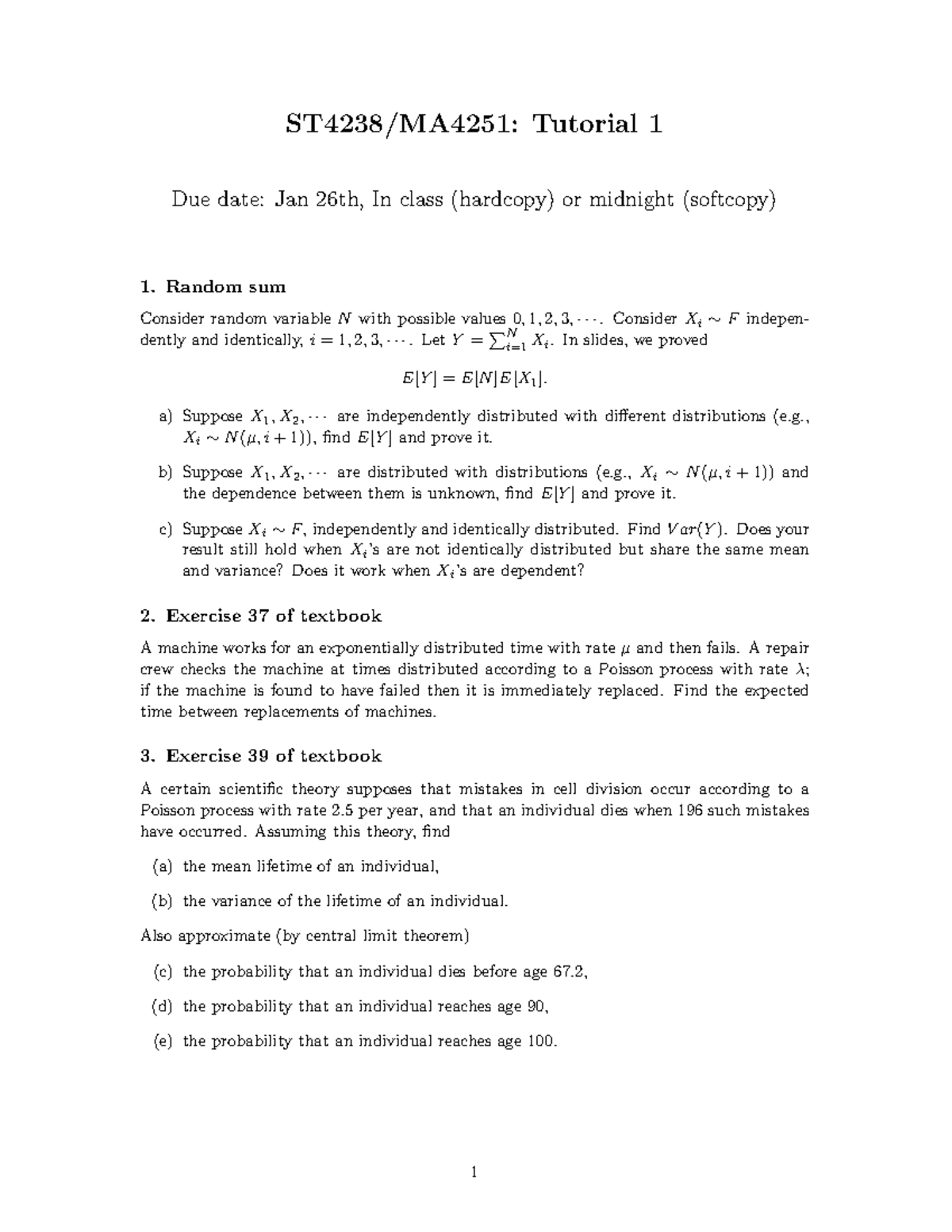 Stochastic Processes 2 Tutorial 1 St4238 Ma4251 Tutorial 1 Due