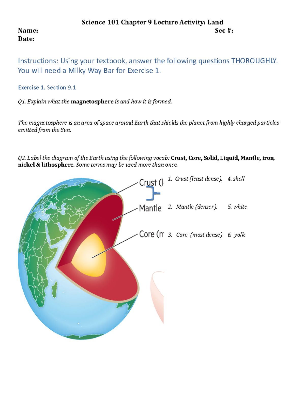 SCIE 101 Chpt 9 Lecture Activity Land FA20 - Name: Sec #: Date ...
