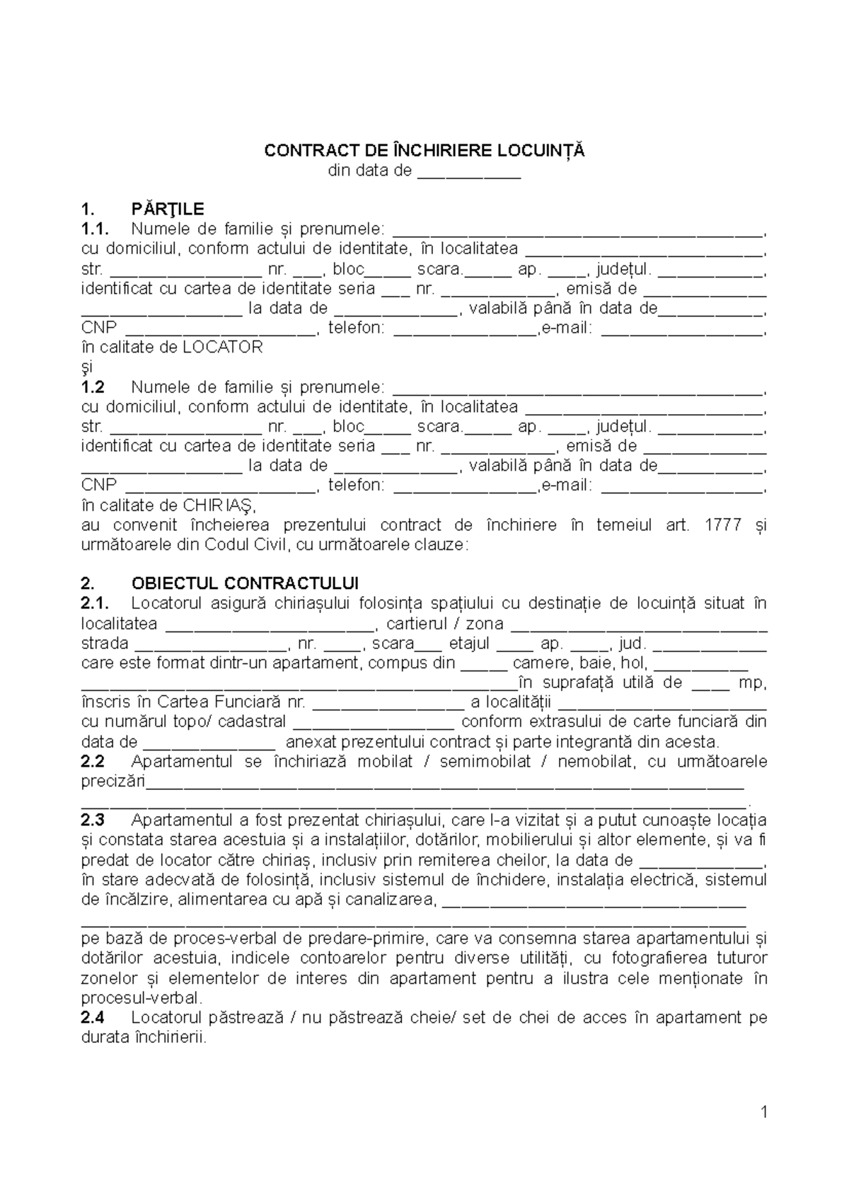 Contract Inchiriere apartament model favorabil chiriasului - CONTRACT DE ÎNCHIRIERE LOCUINȚĂ din ...