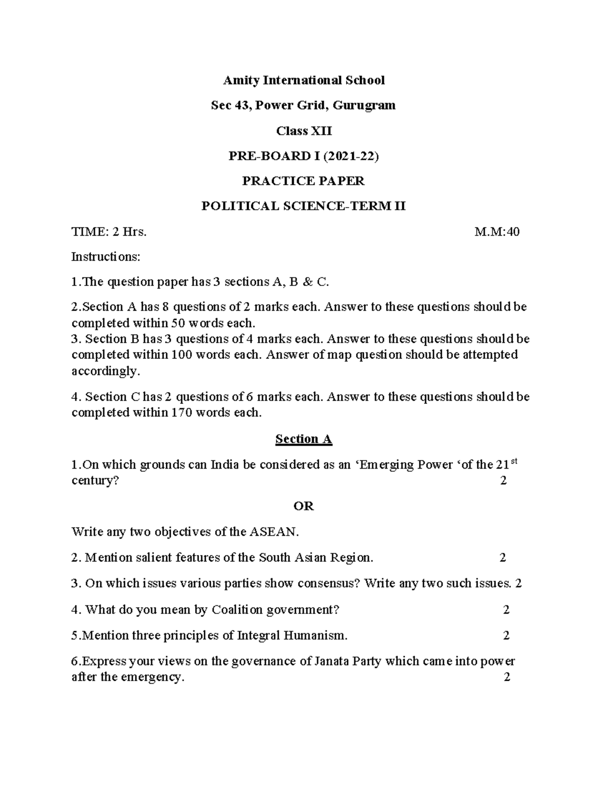 POL SC Practice Paper - Amity International School Sec 43, Power Grid ...